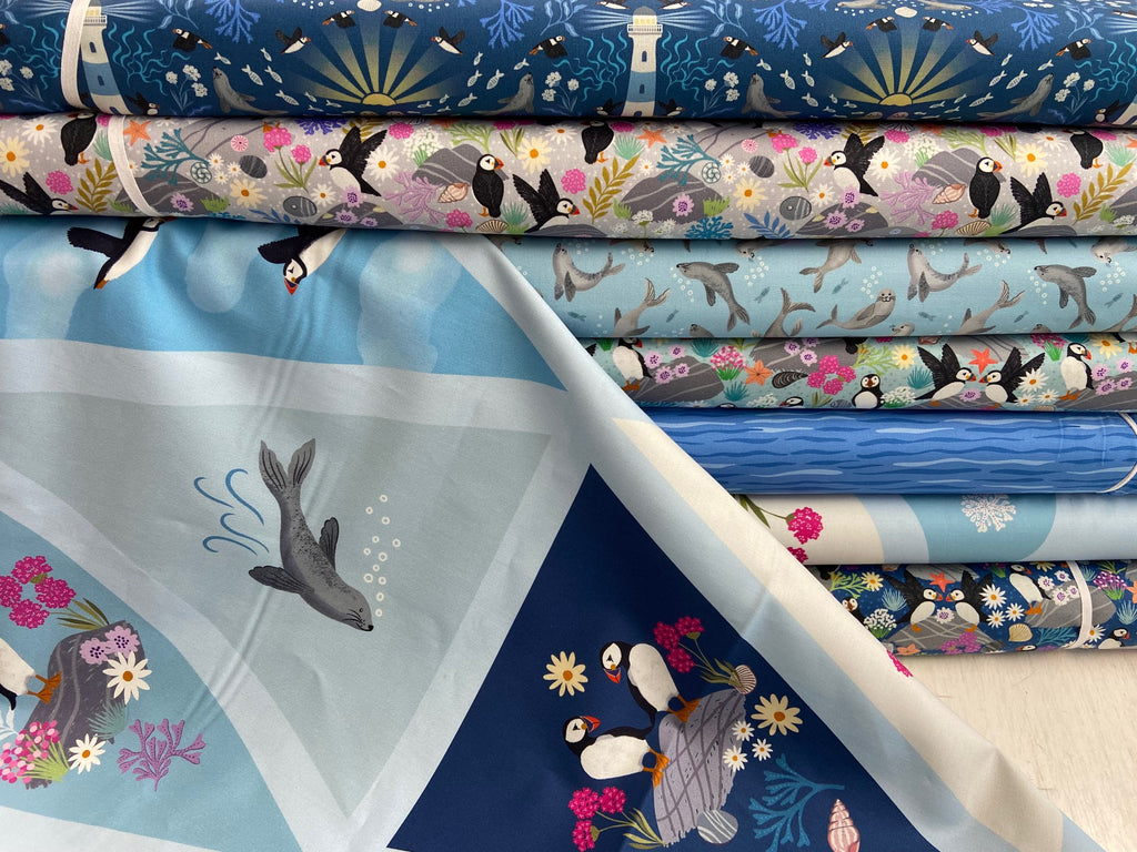 Lewis & Irene Puffin Rock Puffins Dark Blue Cotton Fabric by 1/4 Metre – Fabric Shack Malmesbury