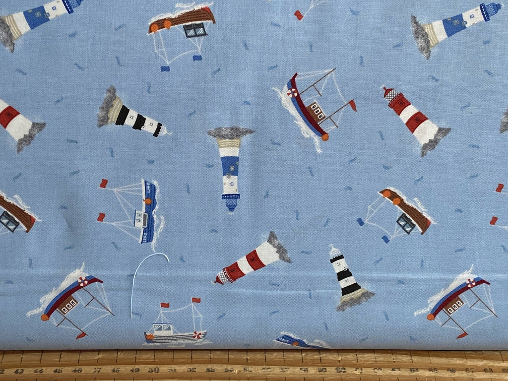 Lewis & Irene Small Things Coastal Boats & Lighthouses Light Blue Cott ...