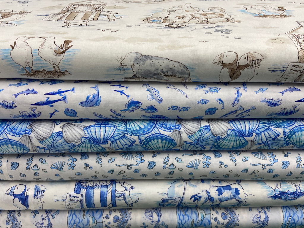 Anita Jeram for Clothworks Sandy Toes Scallop Shells Blue on White Cot ...