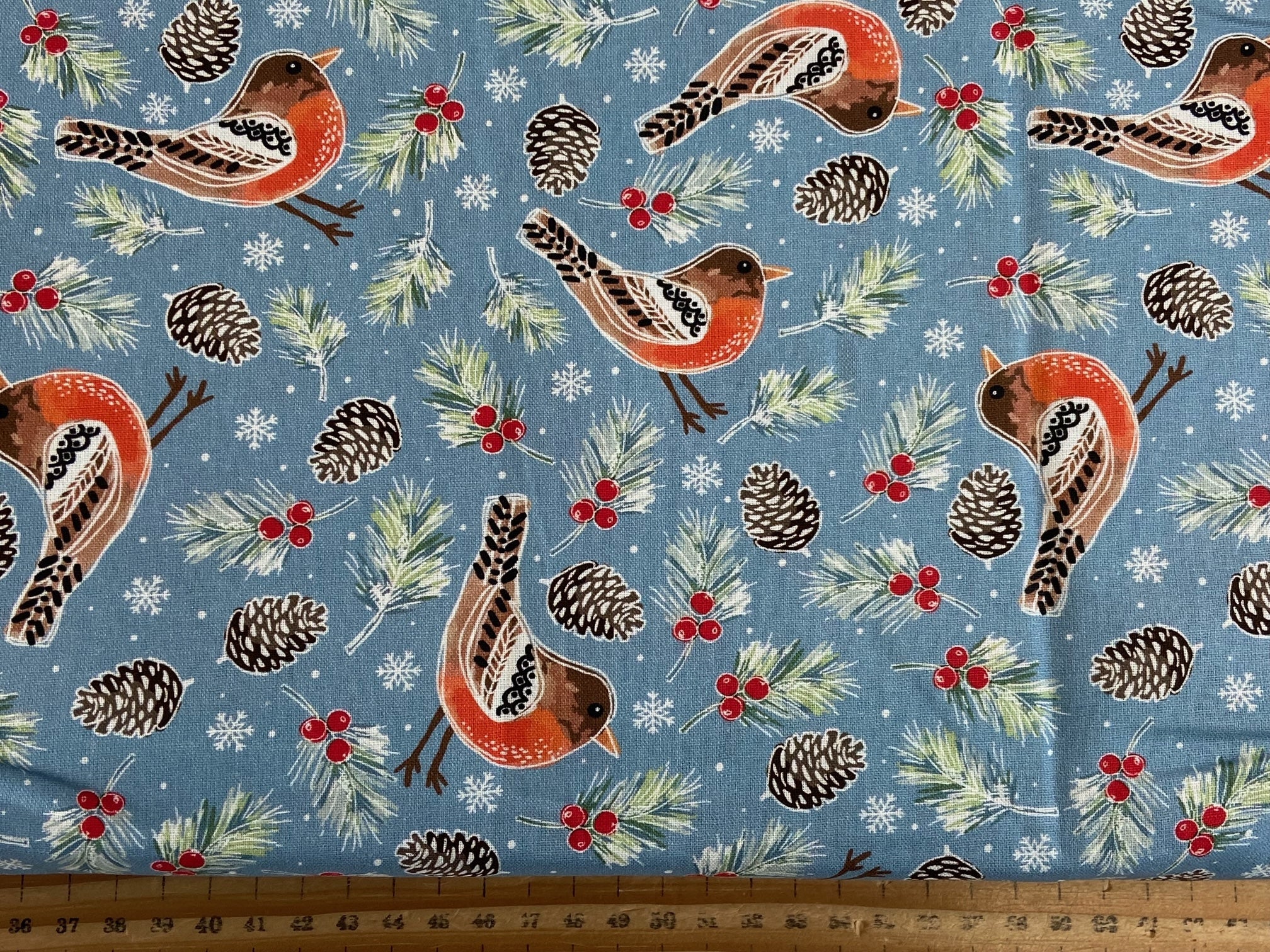 CCC Christmas Birds Robin & Pine Cone Blue Cotton Fabric by 1/4 Metre ...