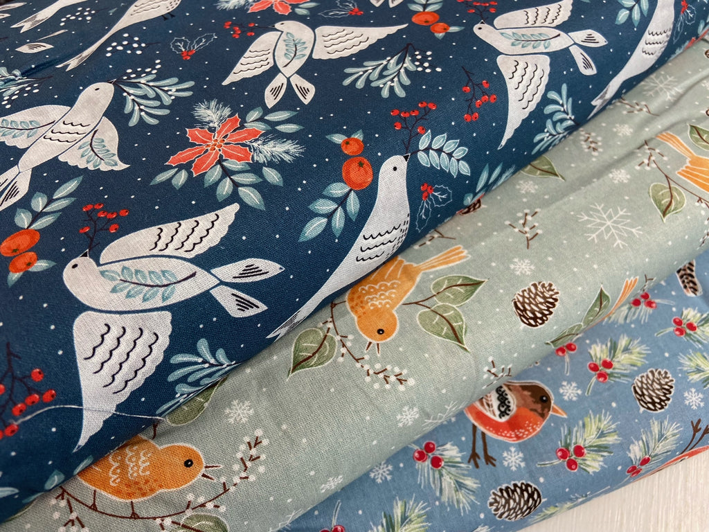 CCC Christmas Birds Robin & Pine Cone Blue Cotton Fabric by 1/4 Metre ...