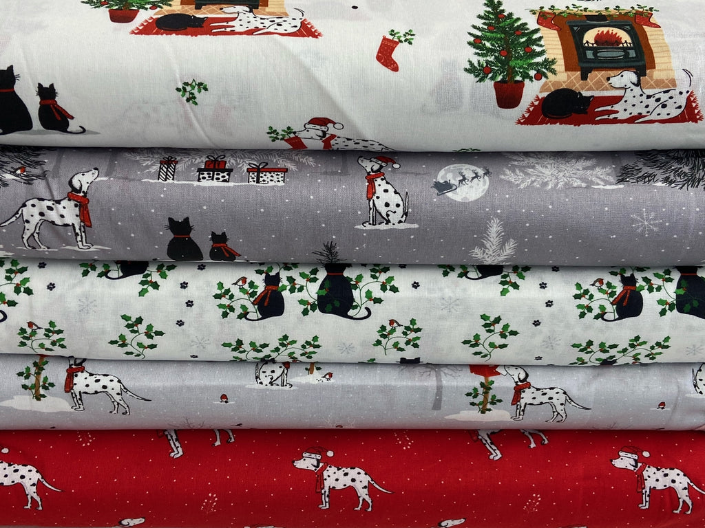 CCC Christmas Pets Friends by the Fire White Cotton Fabric by 1/4 Metr ...