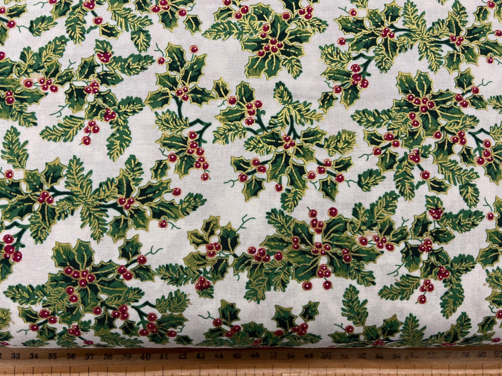 Holly Berry Metallic Gold Extra Wide Cream Cotton Fabric by 1/4 Metre ...