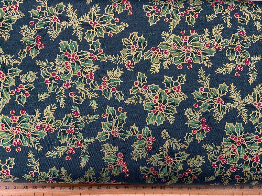 Holly Berry Metallic Gold Extra Wide Green Cotton Fabric by 1/4 Metre ...