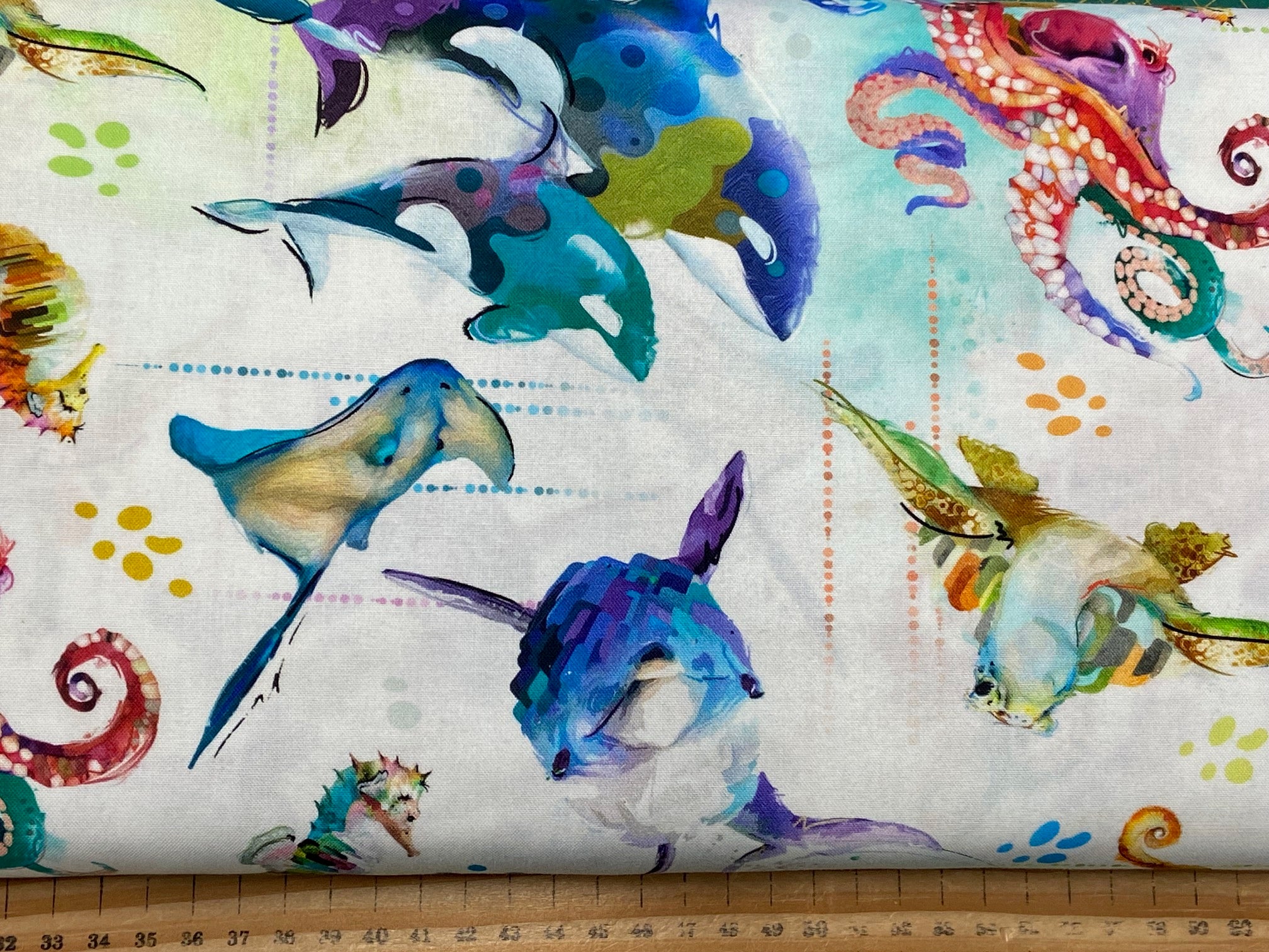 Connie Haley for 3 Wishes Shining Sea Sealife White Cotton Fabric by t ...