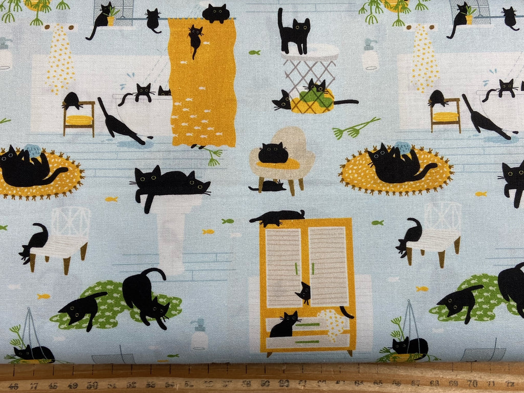 Leezaworks for Dear Stella Feline Fancy Kitty Wash Icy Blue Cotton Fab ...