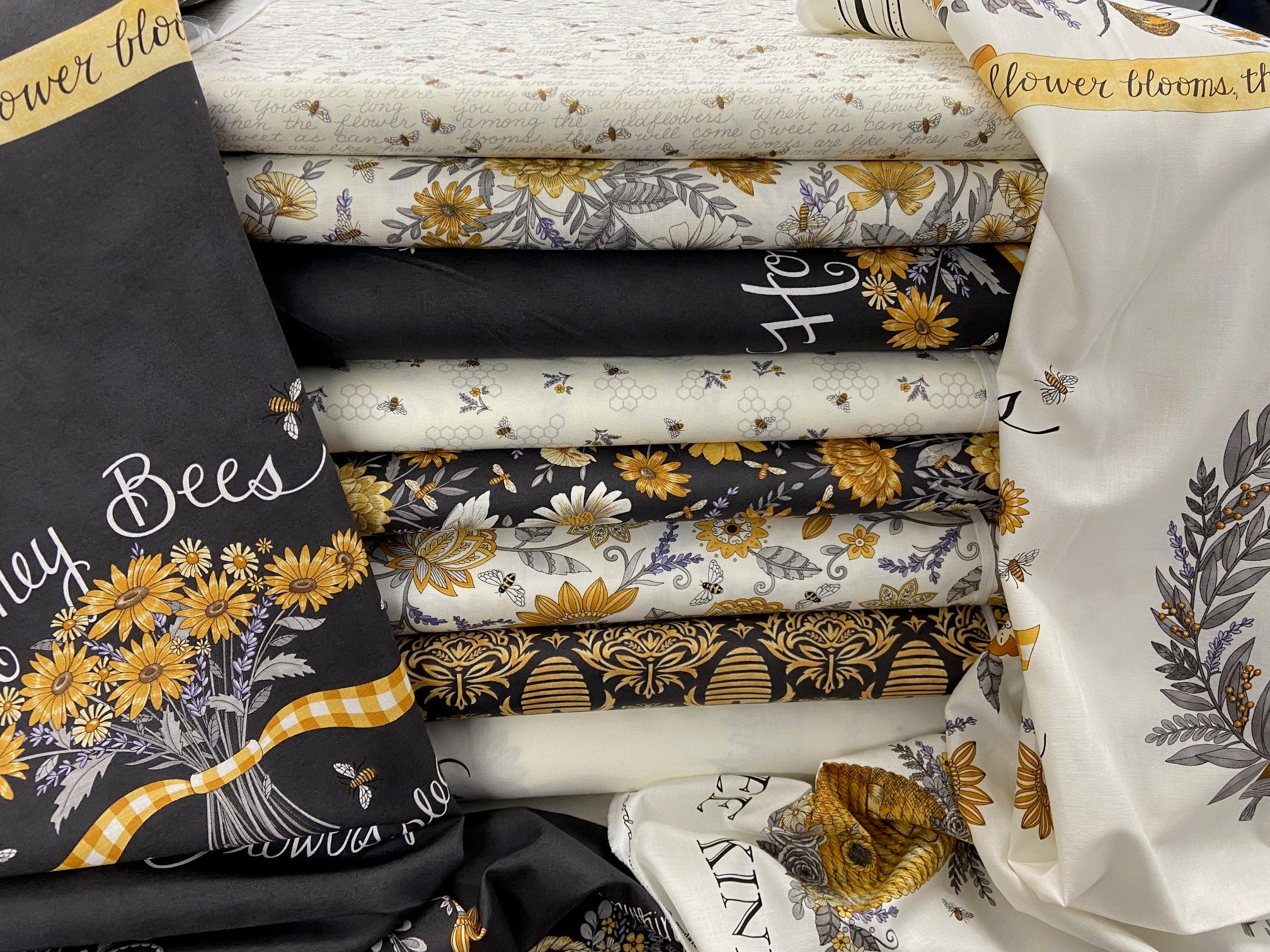 Deb Strain for Moda Honey & Lavender Script & Bees Milk Cream Cotton F ...