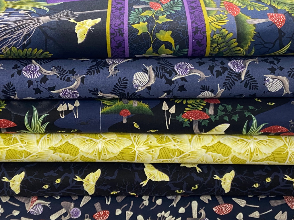 Grace Popp for Studio E Hallowed Forest Cats Eyes & Moths Black Cotton ...