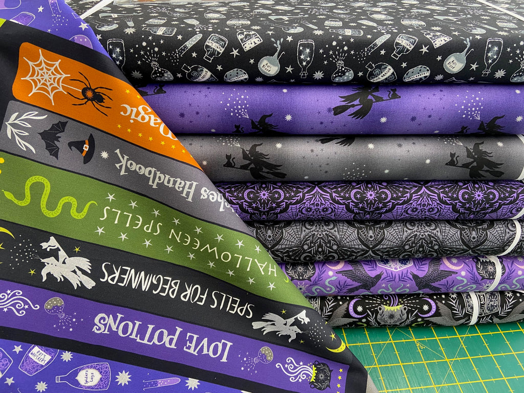 Lewis & Irene Cast A Spell Cauldron & Crow Black Metallic Cotton Fabri ...