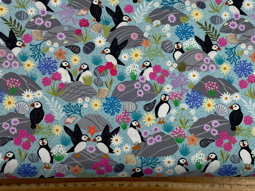 Lewis & Irene Puffin Rock Puffins Sea Light Blue Cotton Fabric by 1/4 ...
