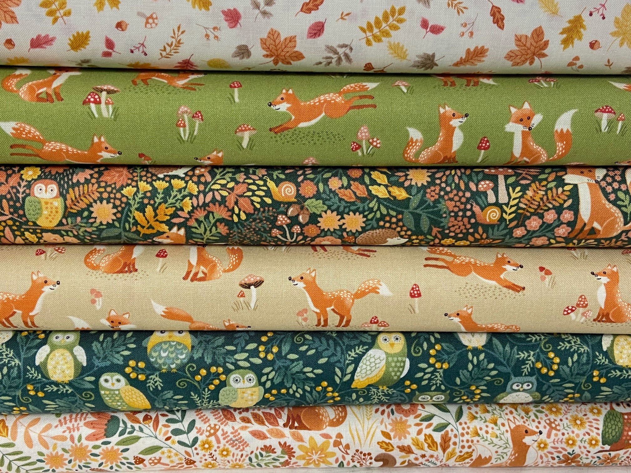 Makower Hello Autumn Wild Wood Owl & Fox Dark Green Cotton Fabric by 1 ...