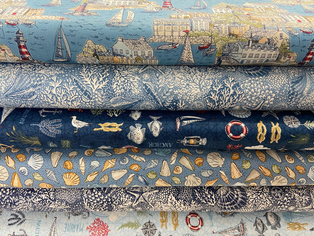 Makower High Tide Beachcomber Shells Multi Mid Blue Cotton Fabric by 1 ...