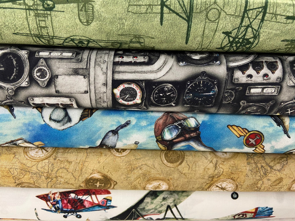 Michael Moon for 3 Wishes First in Flight Blueprint Green Cotton Fabri ...
