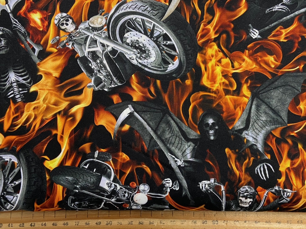 Timeless Treasures Wicked Death Motorcycle and Flames Black Cotton Fab ...