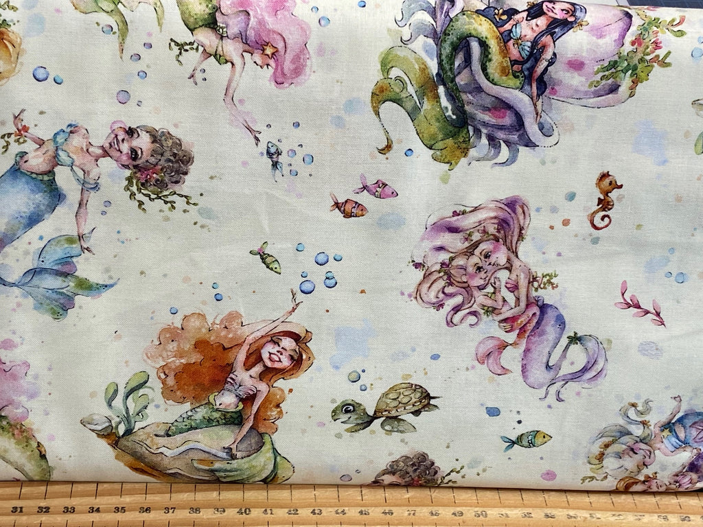 P & B Textiles Enchanted Seas Mermaids Cream Cotton Fabric by the 1/4 ...