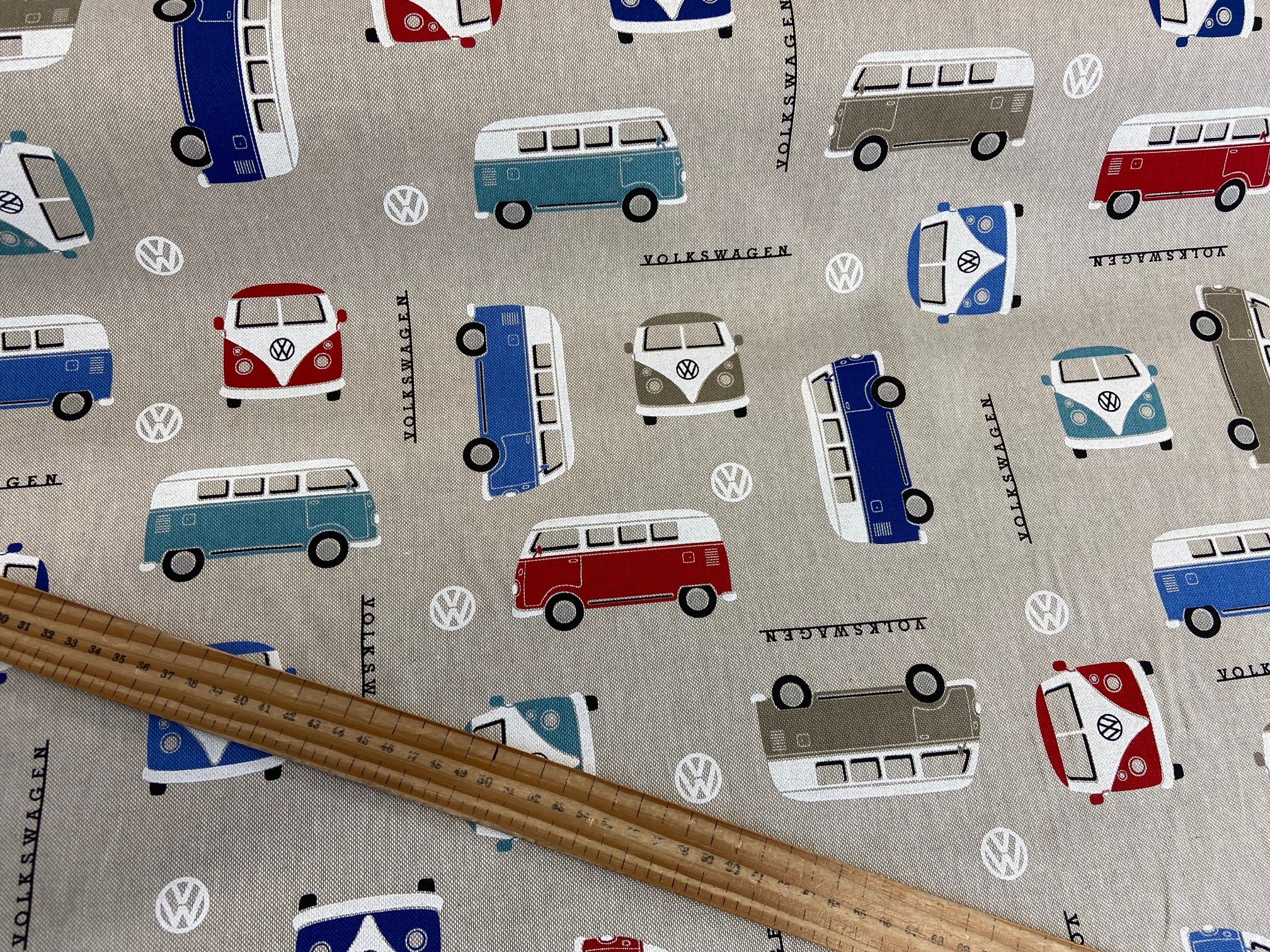 VW Licensed Iconic Campervan Natural Front & Side On Linen Look Fabric ...