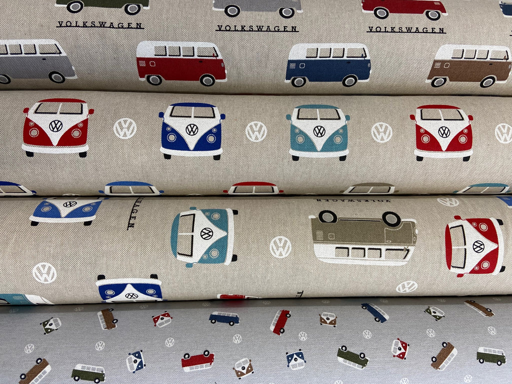 VW Licensed Iconic Campervan Natural Front & Side On Linen Look Fabric ...