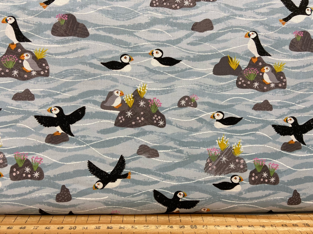 Lewis & Irene Puffin Bay Puffins on Rocks Light Blue Cotton Fabric by ...