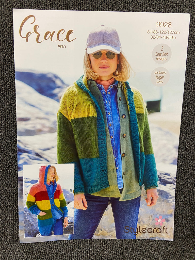 Stylecraft Grace Aran Hoodie Cardigan Knitting Pattern 9928 – Fabric ...