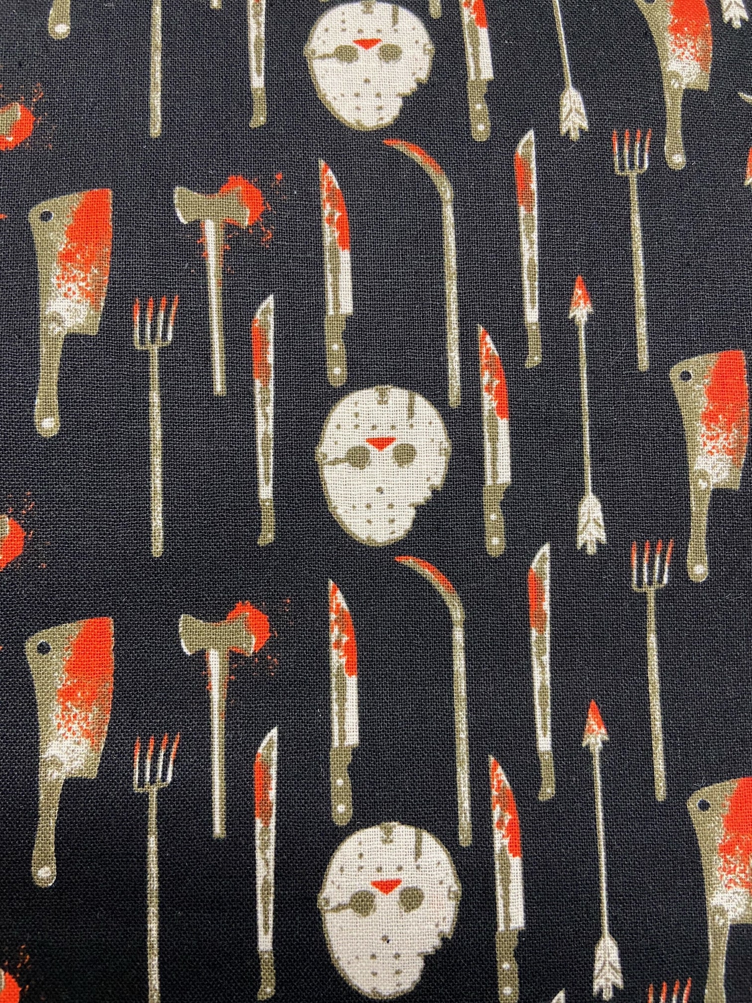 Newline Friday 13th Jason Mask & Tools on Black Cotton Fabric by 1/4 M ...