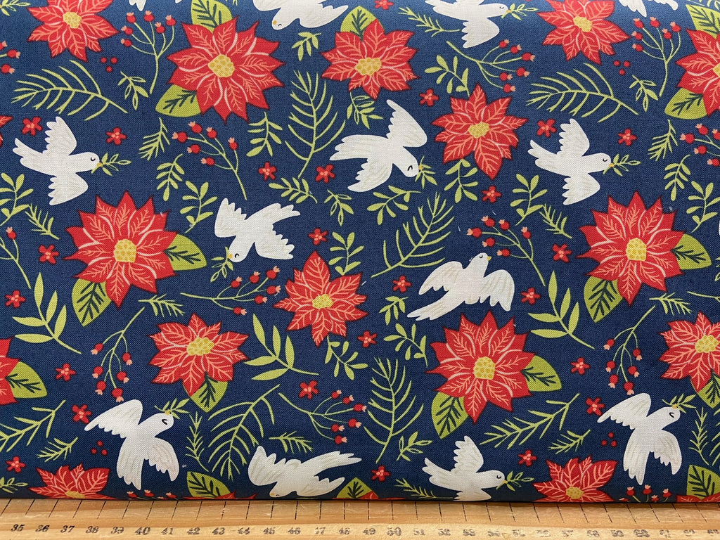Stacy Iest Hsu for Moda Joyful Joyful Doves Poinsettia Christmas Midni ...